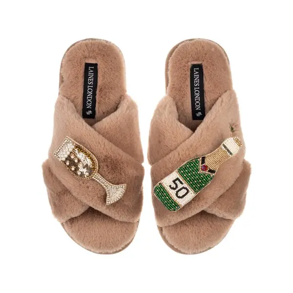 LAINES LONDON Neutrals Classic Laines Slippers With Champagne & Glass 50th Birthday Brooches Toffee - Brown