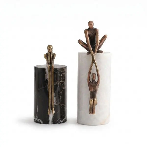 MARLETH Abstract Bronze Figure Sculptures On Marble Pedestals – Set Of Two - Brown