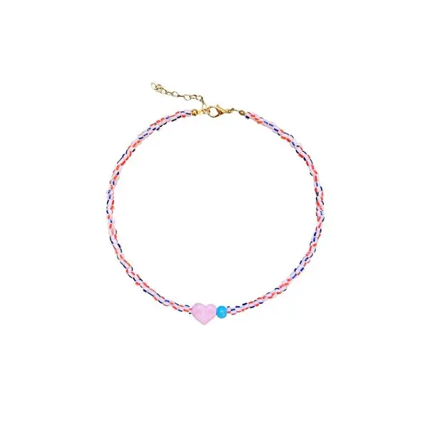 DESERT LOBBY Beaded Glass Heart Necklace - Blue/pink/red