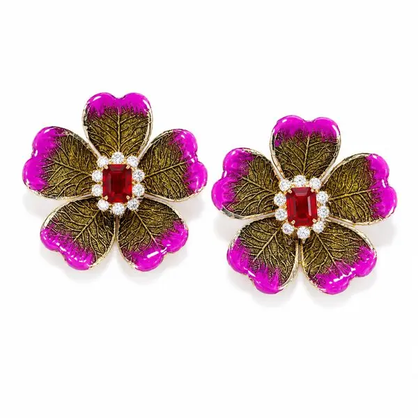 THE PINK REEF Leaves Floral Earring With Ruby Crystal - Pink