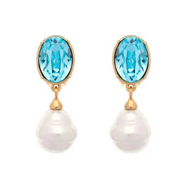 EMMA HOLLAND JEWELLERY Aqua Crystal & Baroque Pearl Drop Clip Earrings - Blue