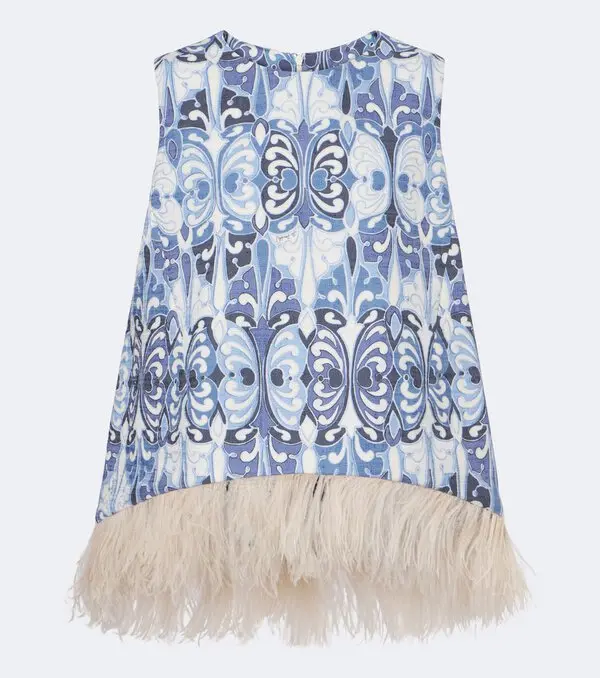 La DoubleJ La Scala Feather-trimmed Cotton Top - Blue