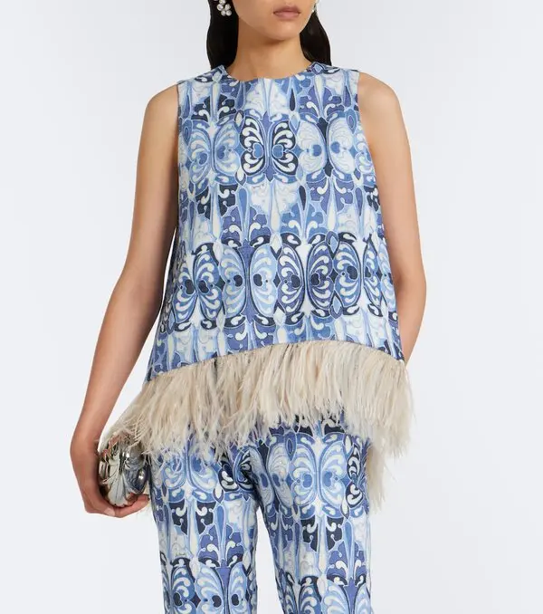 La DoubleJ La Scala Feather-trimmed Cotton Top