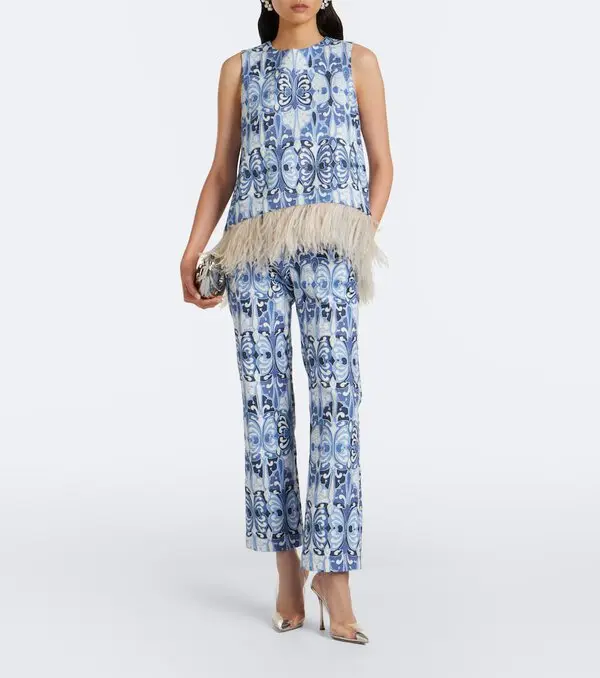 La DoubleJ La Scala Feather-trimmed Cotton Top