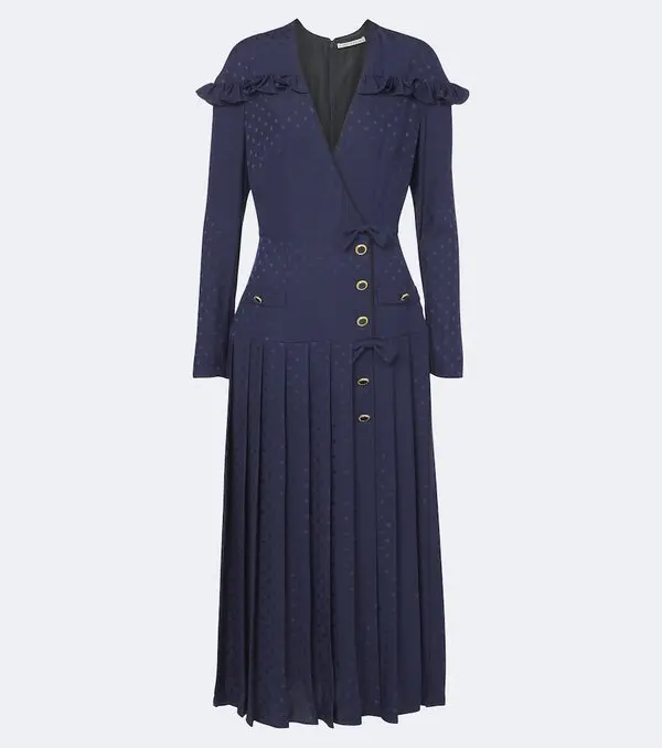 Alessandra Rich Pleated Silk Jacquard Midi Dress - Blue