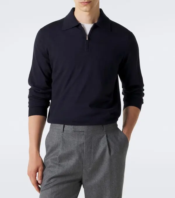 LARDINI Wool, Silk, And Cashmere Zip Polo Sweater - Blue