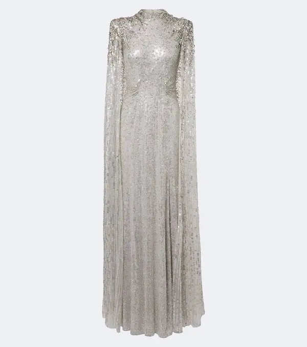 Jenny Packham Dakota Embellished Caped Gown - Silver