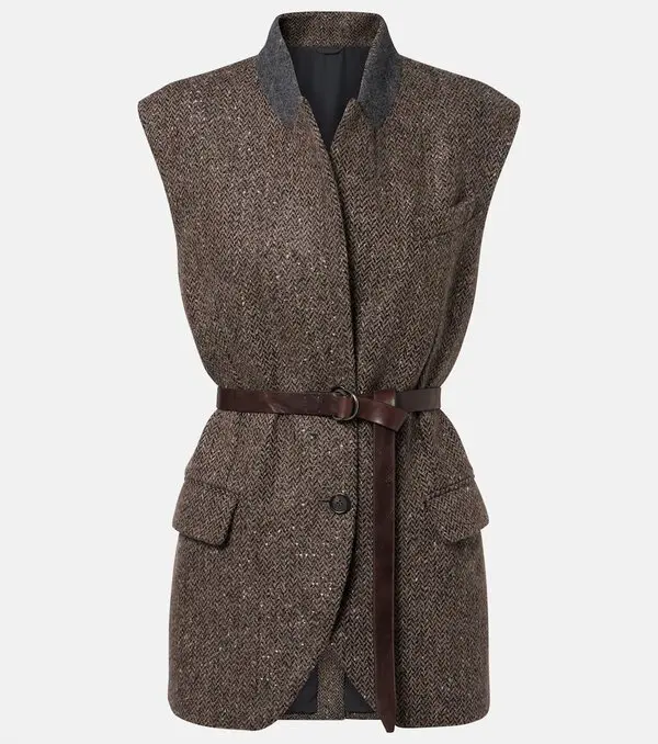 Brunello Cucinelli Monili Herringbone Sequined Wool-blend Vest - Brown