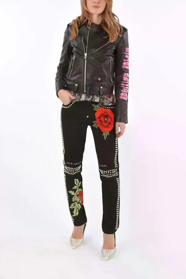 Philipp Plein Couture Angel Embroidered Leather Biker Jacket - Black