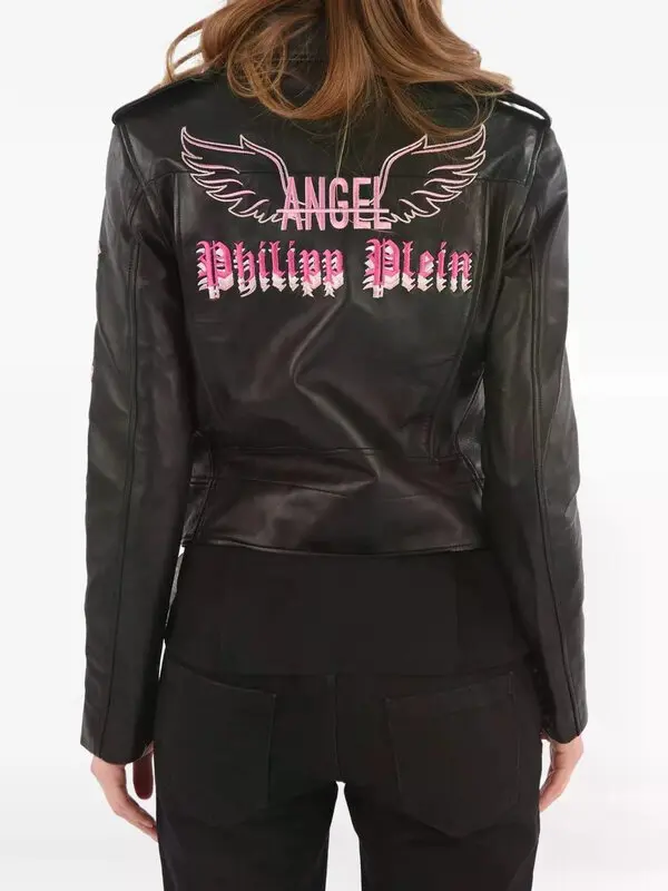 Philipp Plein Couture Angel Embroidered Leather Biker Jacket