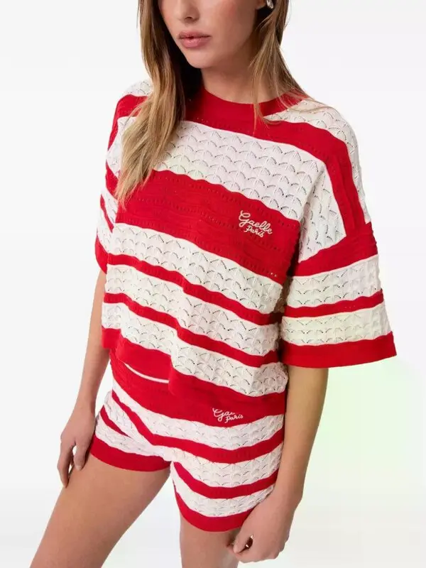 GAELLE PARIS Striped Pointelle-knit Sweater - Red