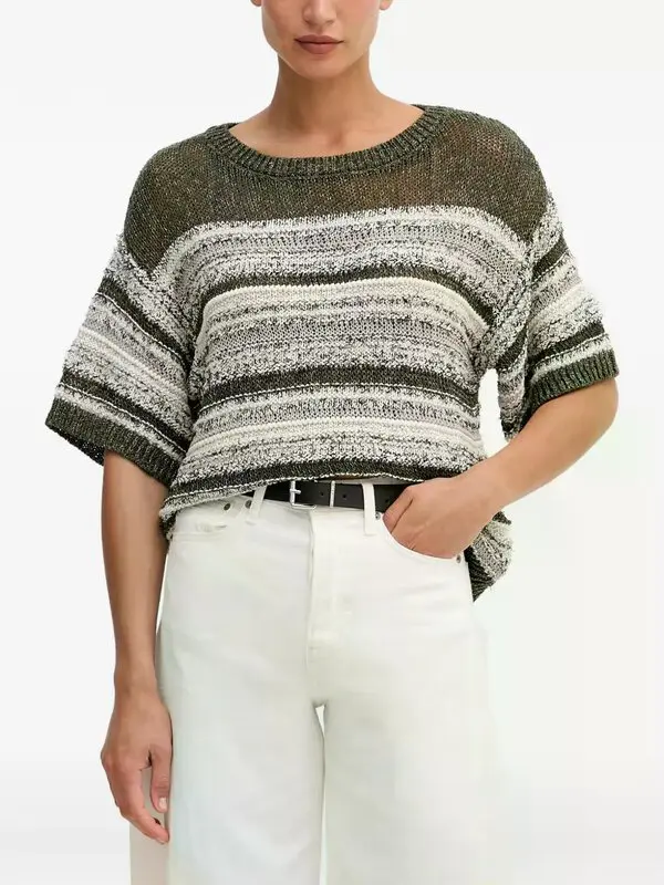 BENETTON Striped Short-sleeved Cropped Sweater - Green