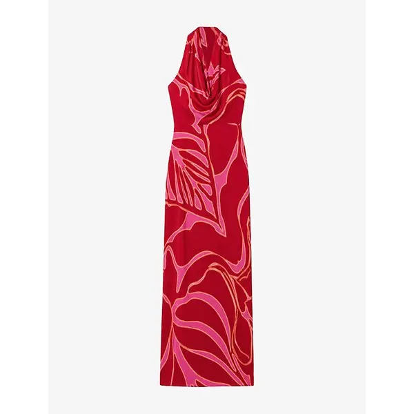 RO&ZO Floral-print Halterneck Woven Maxi Dress - Red
