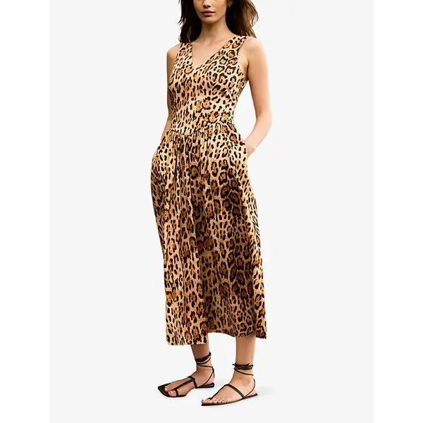 RO&ZO Alexis Leopard-print Cotton-sateen V-neck Maxi Dress - Multi
