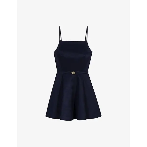 Maje Square-neck Belted Woven Mini Dress - Navy