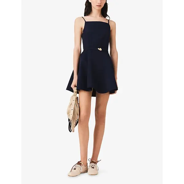 Maje Square-neck Belted Woven Mini Dress - Navy