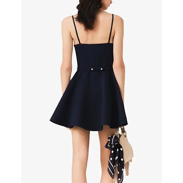 Maje Square-neck Belted Woven Mini Dress - Navy