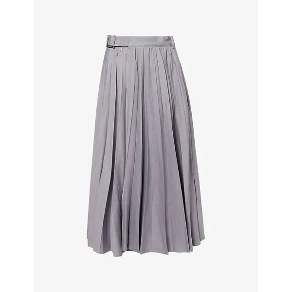 Sacai Pleated Contrast-denim Cotton Midi Skirt - Gray