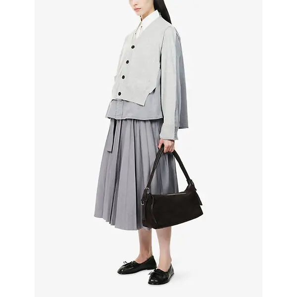 Sacai Pleated Contrast-denim Cotton Midi Skirt
