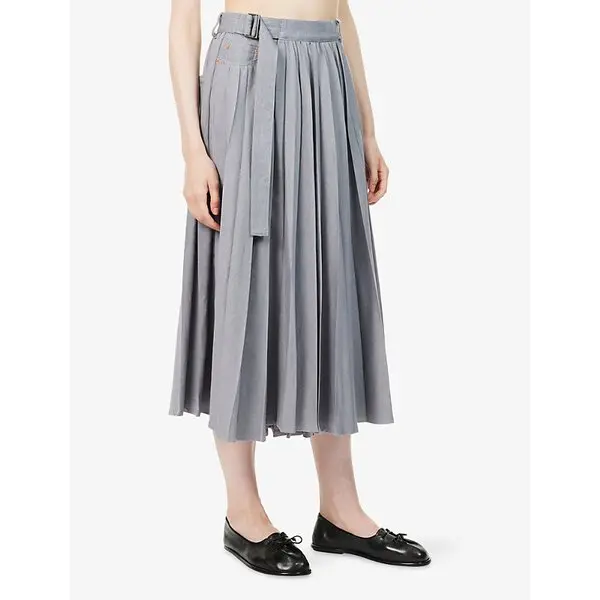Sacai Pleated Contrast-denim Cotton Midi Skirt