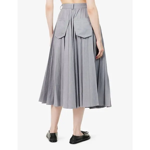 Sacai Pleated Contrast-denim Cotton Midi Skirt