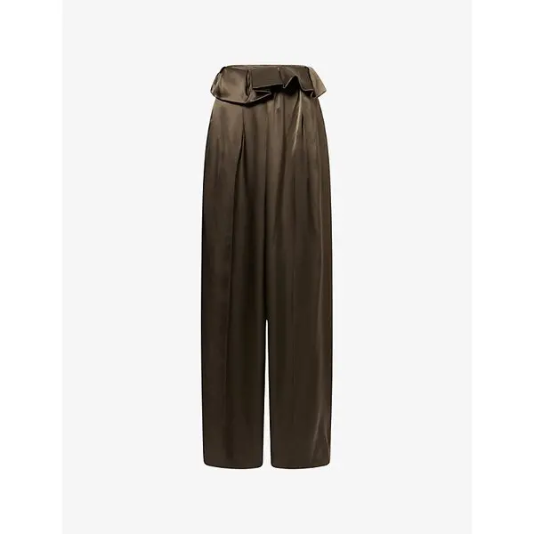 Khaite Kira Frilled Silk Trousers - Dark Olive