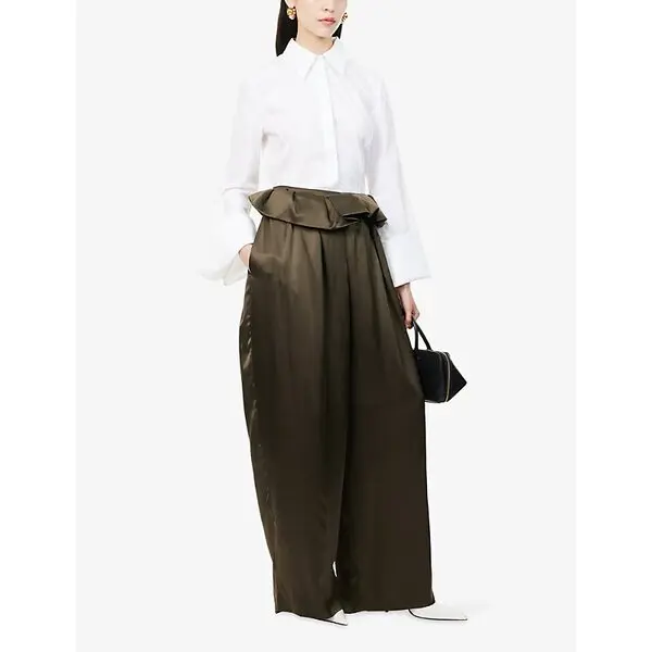 Khaite Kira Frilled Silk Trousers - Dark Olive