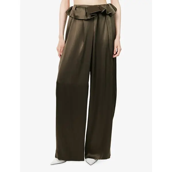 Khaite Kira Frilled Silk Trousers - Dark Olive
