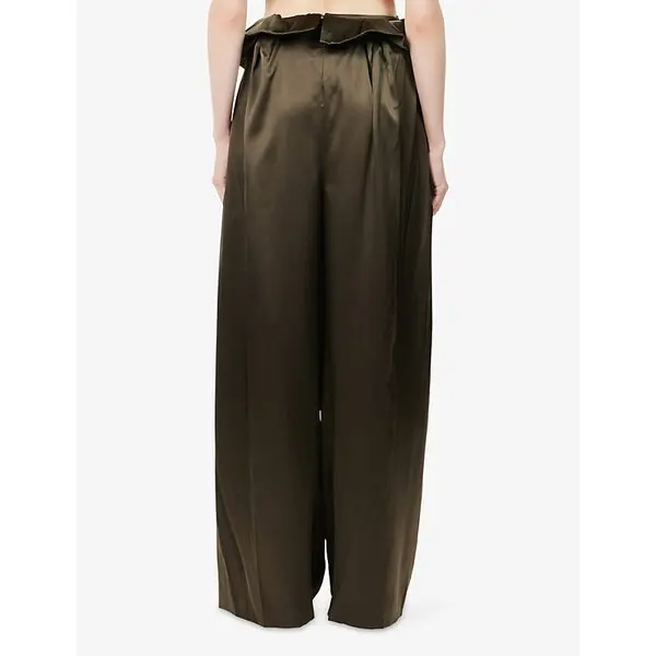 Khaite Kira Frilled Silk Trousers - Dark Olive