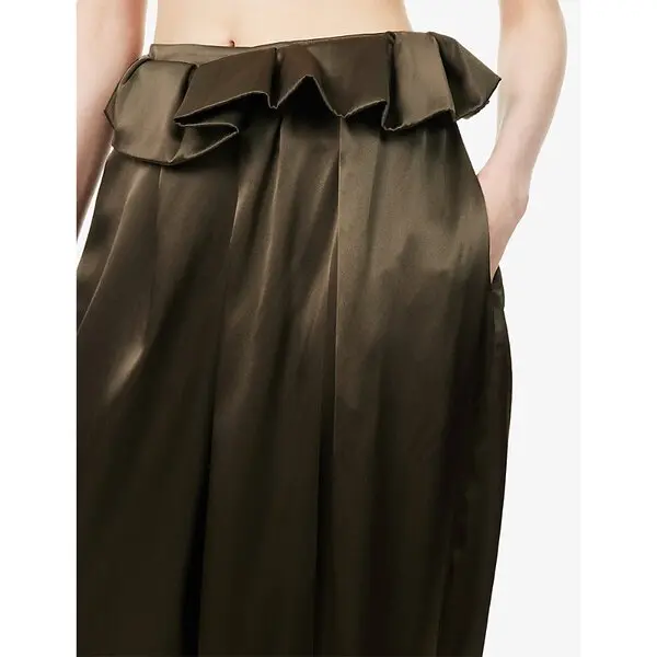 Khaite Kira Frilled Silk Trousers - Dark Olive