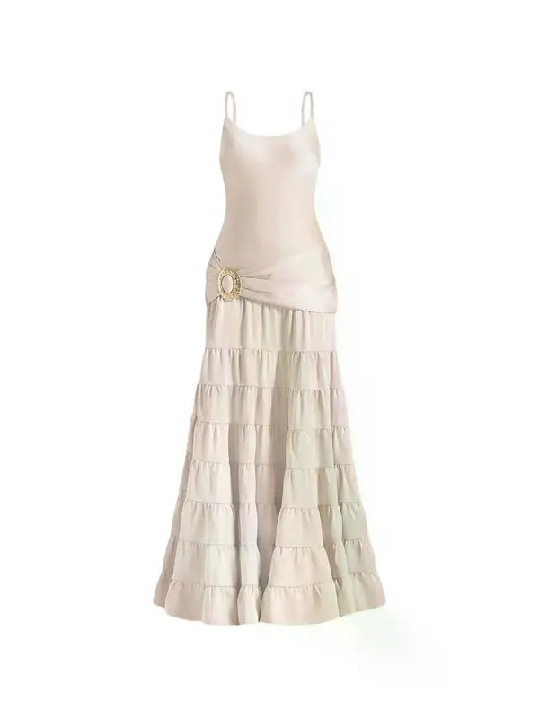 Manière De Voir Satin Tiered Maxi Dress With Sash - Neutrals