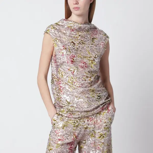 Alberta Ferretti Sleeveless High-neck Top With A Floral Sequin Pattern - Multicolor