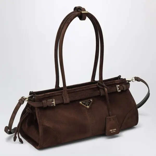 Prada Bonnie Medium Suede Leather Handbag In Moro