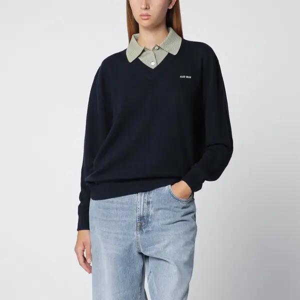 Miu Miu Wool And Cashmere Sweater With Collared Neckline - Blue