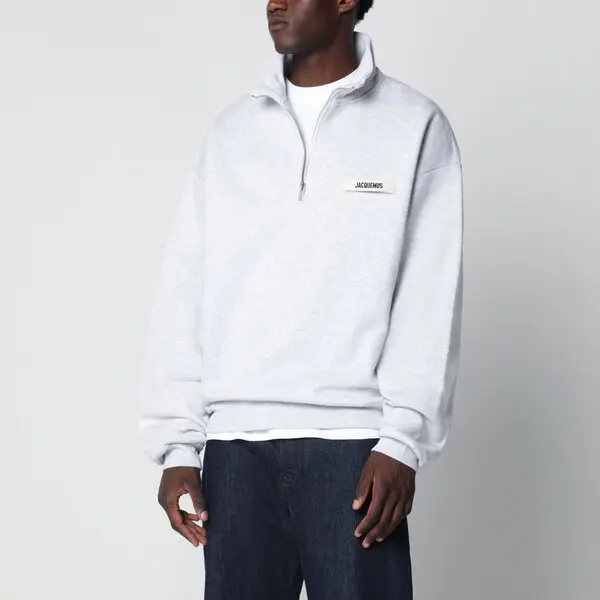 Jacquemus Light Zip-neck Sweatshirt With Gros Grain Logo - Grey
