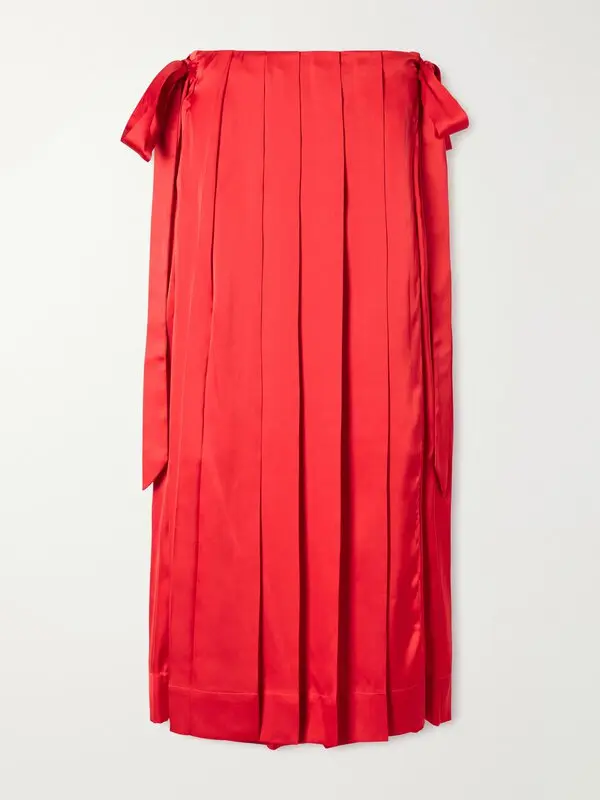 Simone Rocha Pleated Sheer Satin Midi Skirt - Red
