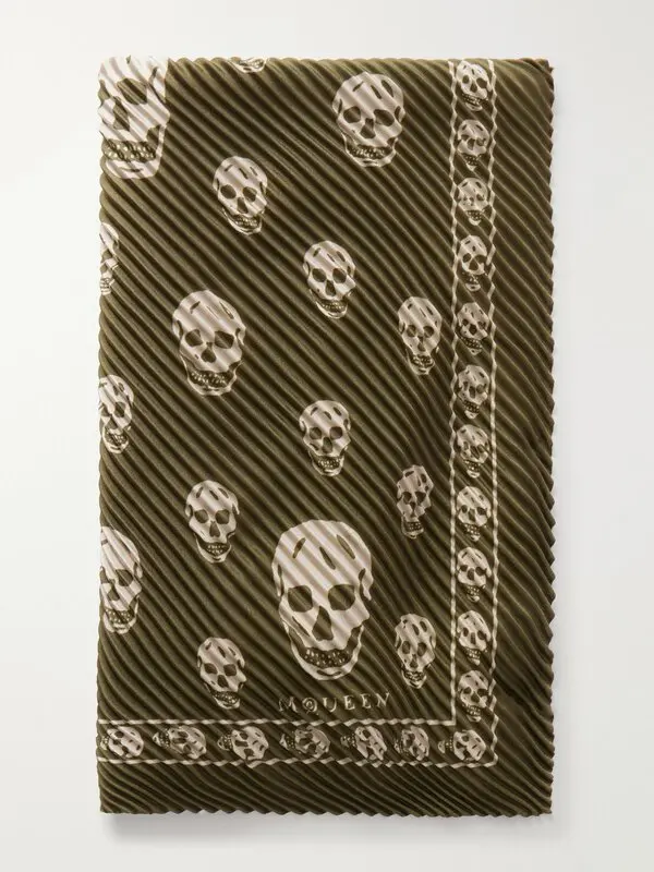 Alexander McQueen Printed Plissé Silk-satin Scarf - Green