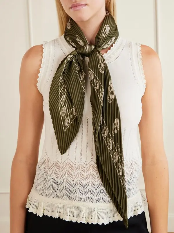 Alexander McQueen Printed Plissé Silk-satin Scarf - Green