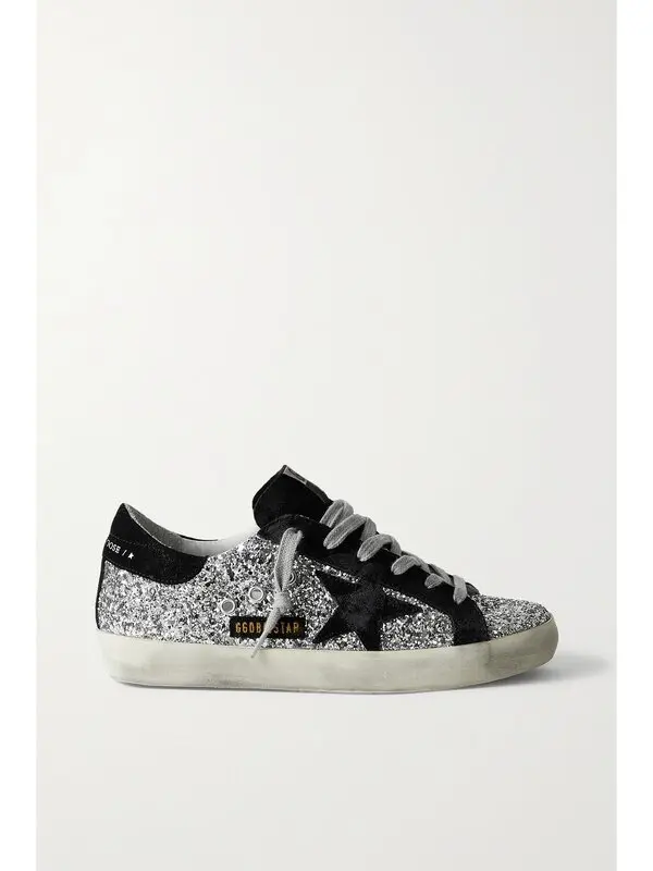 GOLDEN GOOSE Superstar Distressed Glittered Leather And Suede Sneakers - Silver