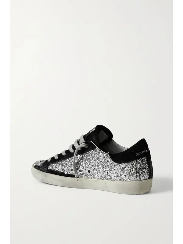 GOLDEN GOOSE Superstar Distressed Glittered Leather And Suede Sneakers