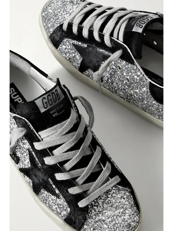 GOLDEN GOOSE Superstar Distressed Glittered Leather And Suede Sneakers