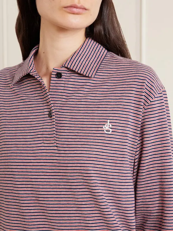 JIL SANDER Striped Cotton-jersey Polo Shirt With Embroidered Monogram - Red