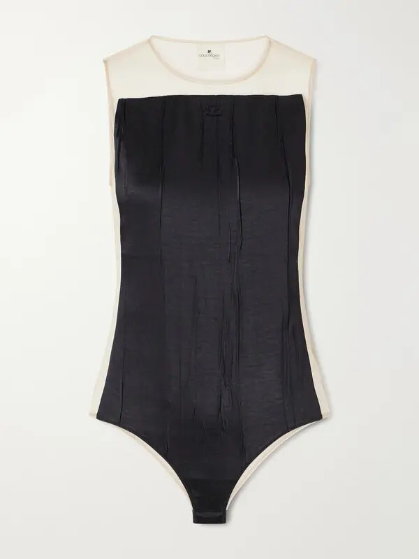 COURREGES Logo-appliqué Crinkled-satin And Organza Bodysuit - Black