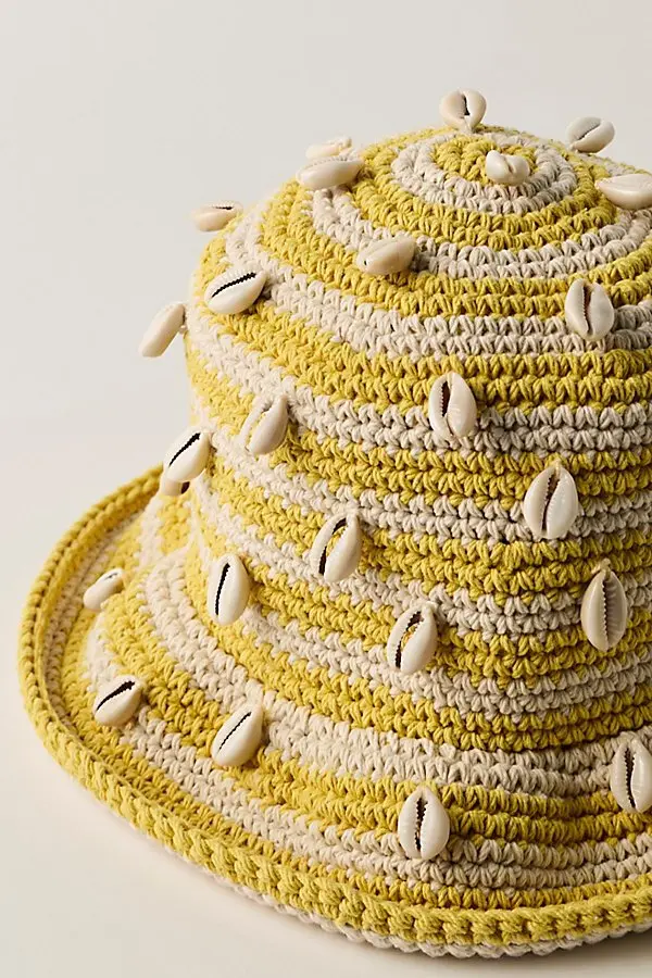 BETA ASTRAL Hand-crocheted Bucket Hat With Seashell Embellishments - Yellow