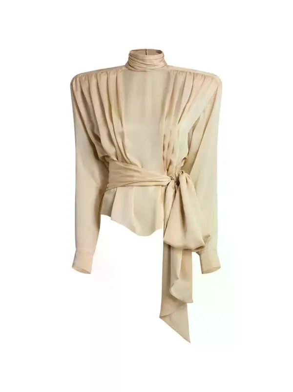 Balmain Silk Chiffon Blouse With Padded-shoulders And Tie - Neutrals