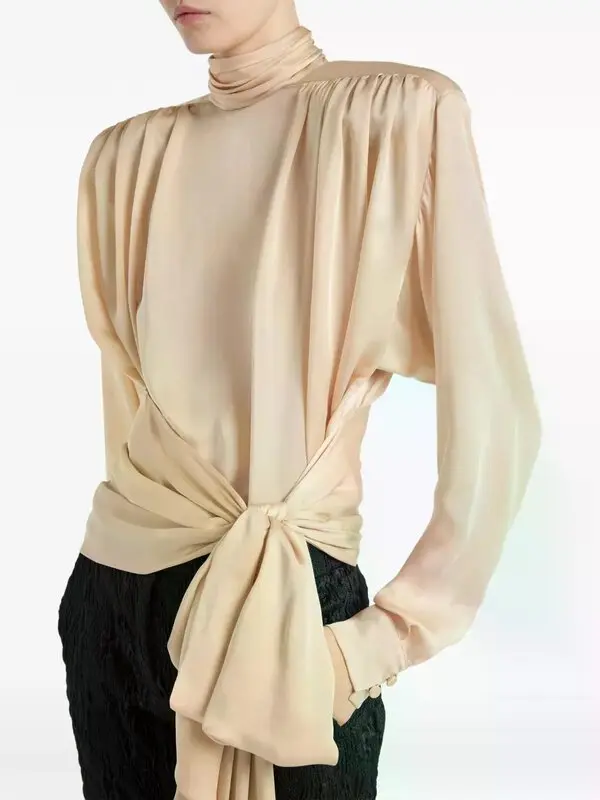 Balmain Silk Chiffon Blouse With Padded Shoulders And Tie Belt