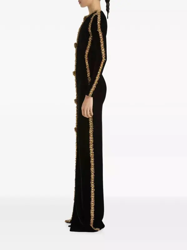 Balmain Long Velvet Dress With Embroidered Trim