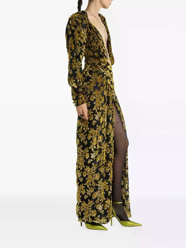 Balmain Long Velvet-jacquard Floral Dress