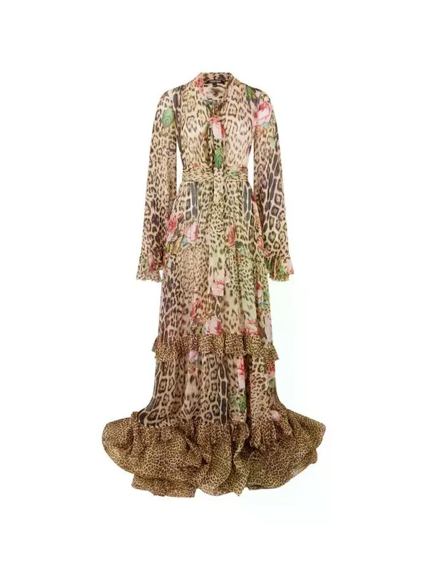 Roberto Cavalli Jaguar-print Tiered Maxi Dress - Neutrals