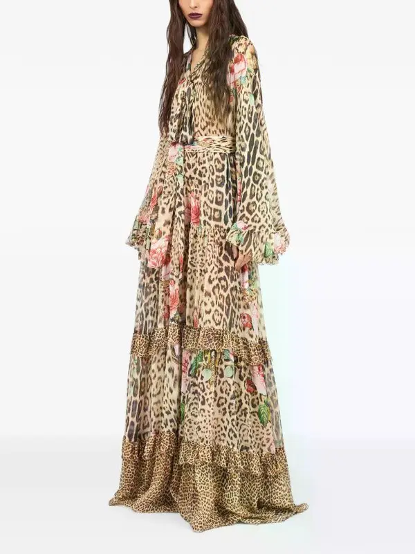 Roberto Cavalli Jaguar-print Tiered Maxi Dress
